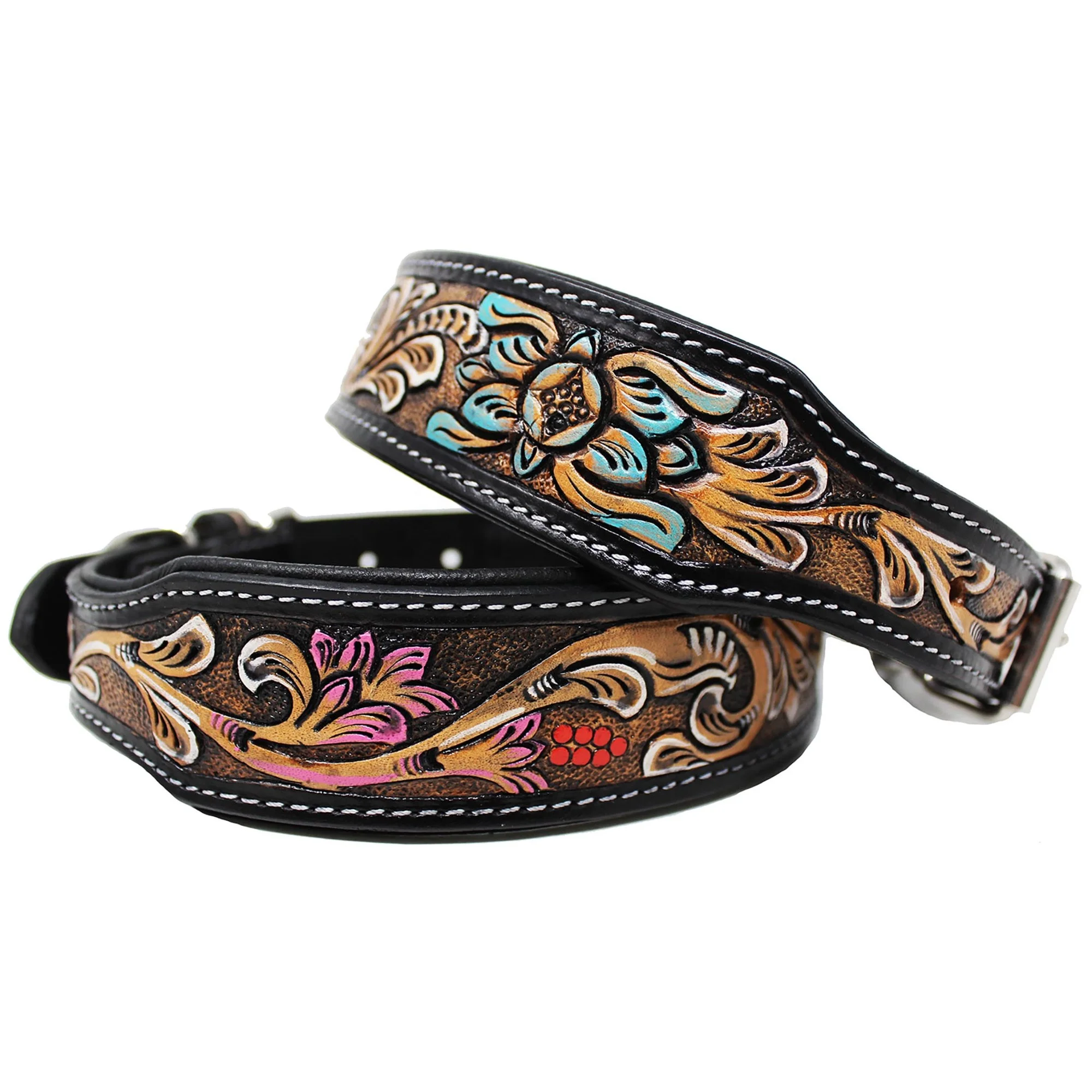 Western Style Hand Tooling & Carving Design Cow Leather Dog Collar With ...