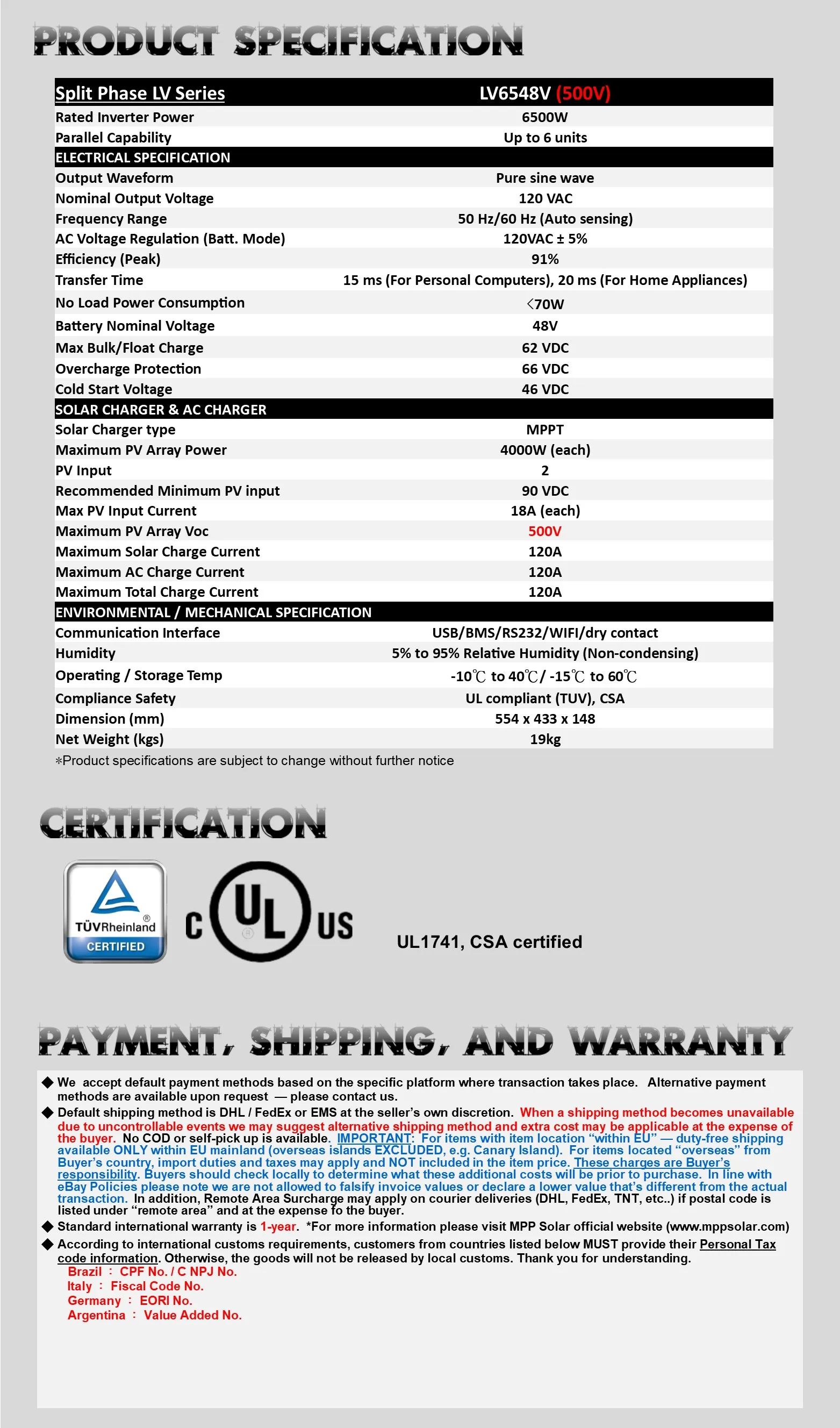 LV6548V MPP Solar Inverter - 6500w, 48v, UL 1741 Compliant