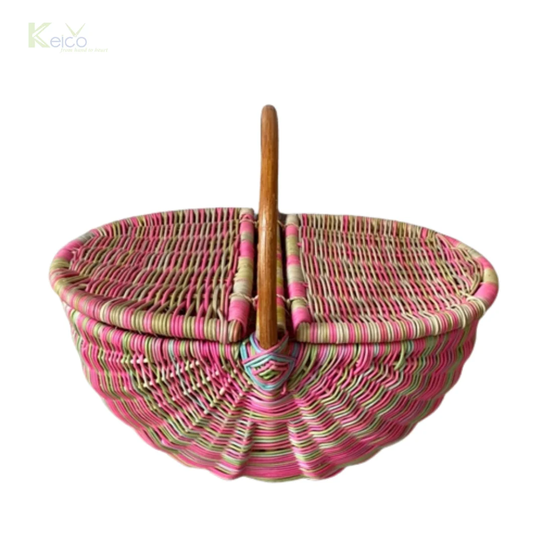 Cute pink rattan picnic basket with handle rustic decorative rattan ...