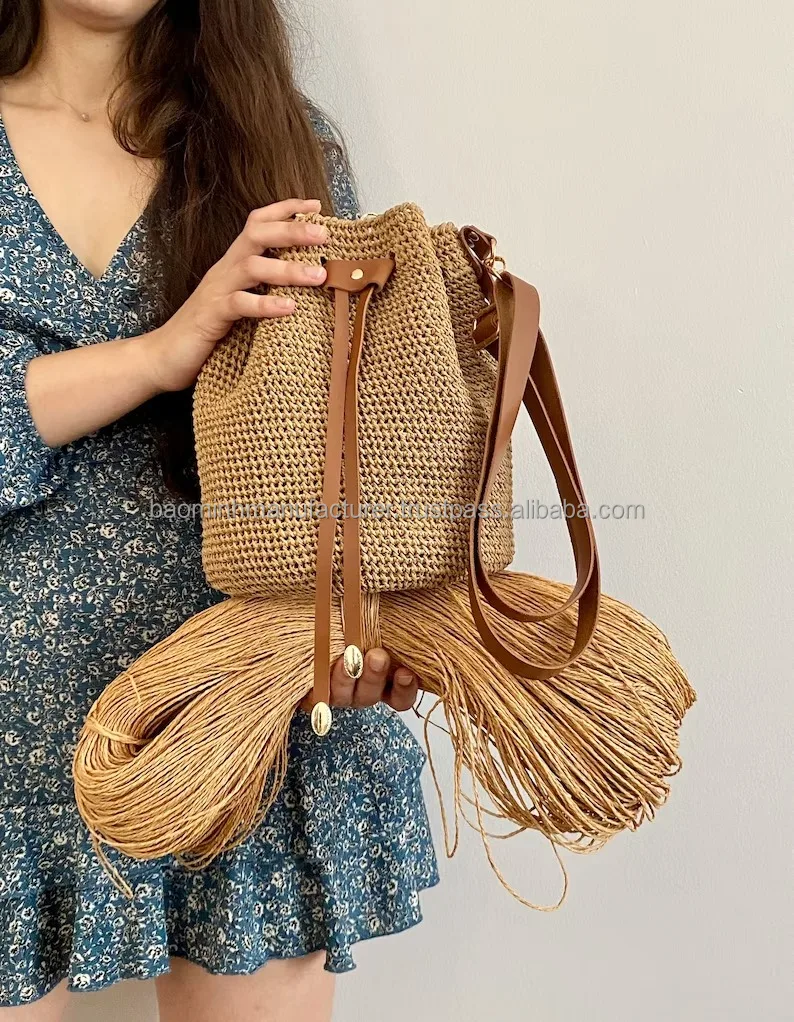 Bohemian Bucket Bag - Handwoven Paper Raffia with Drawstring