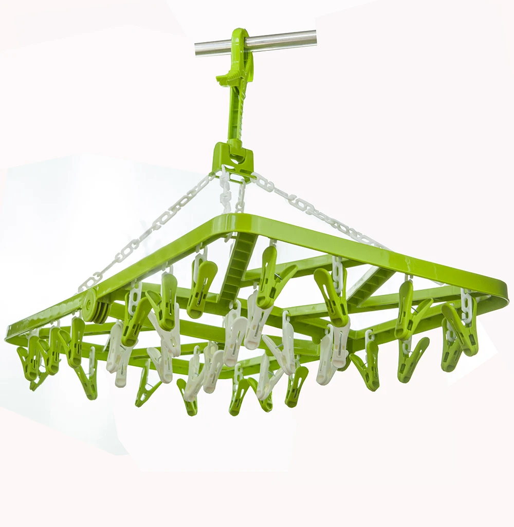 Folding Clothes Drying Hangers With 32 Clips Large Plastic Hanger ...