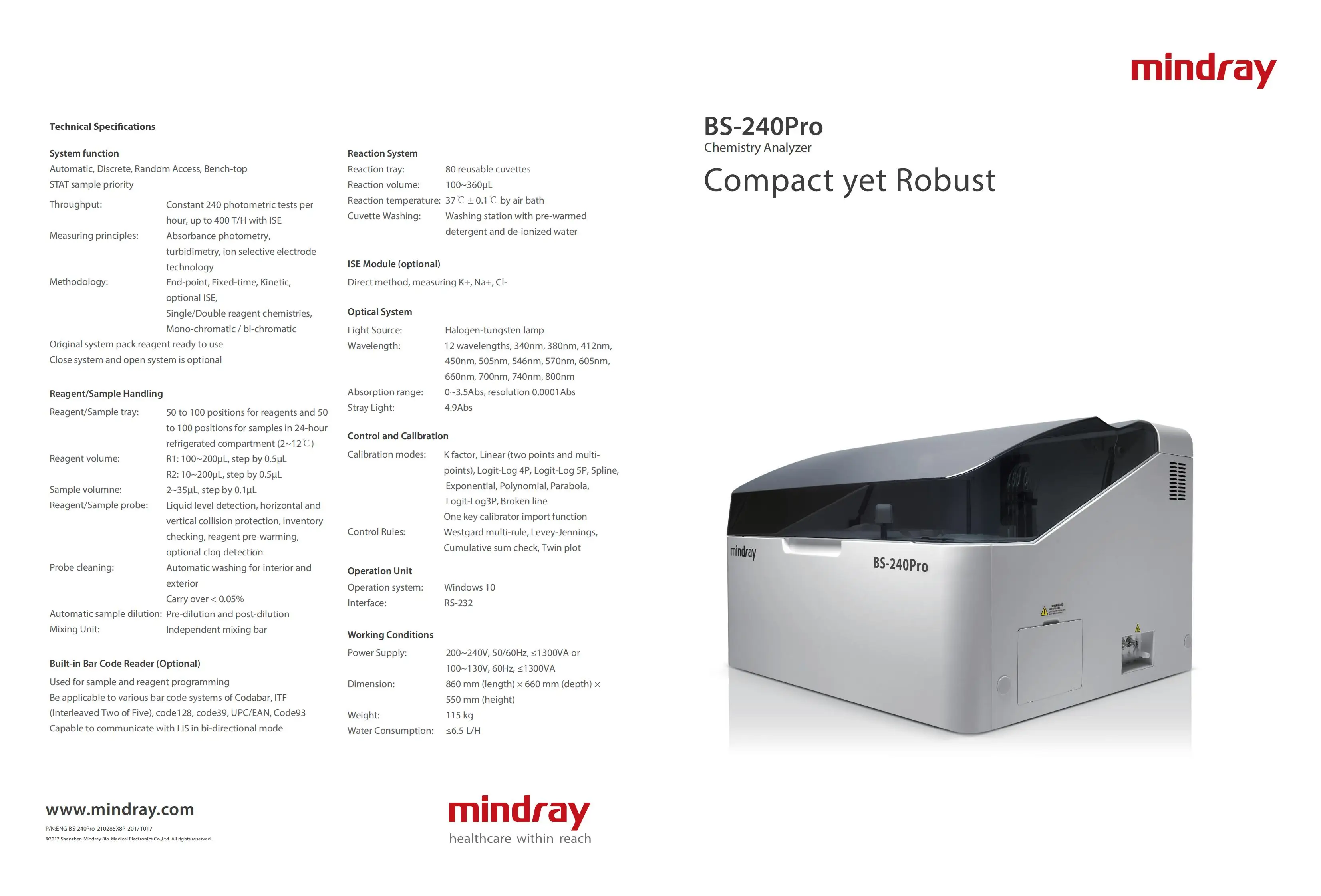 BS-240 Mindray Fully Automatic Chemistry Analyzer - 240 Tests/Hour, ISE ...