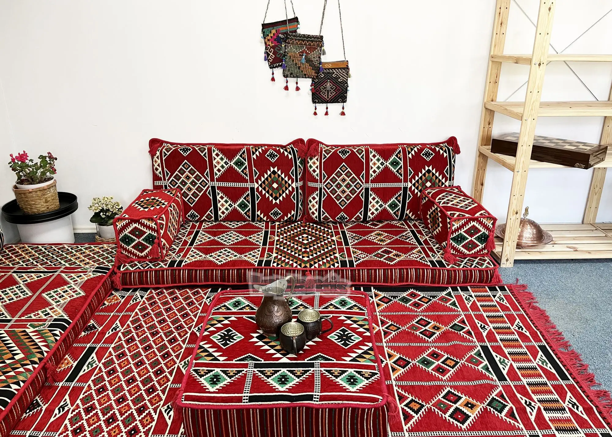 Elegant Arabic Floor Seating Nomad Rug Set - Red Oriental Cushion Cover ...