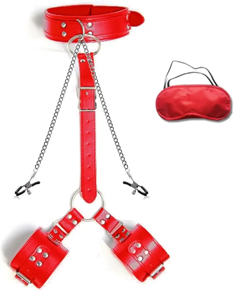 Ganiune Cow Leather Handdcuffs with Chain BDSM Bondage 3pcs Set ...