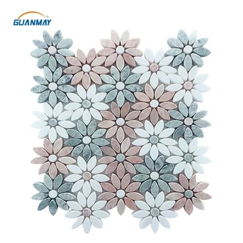 Daisy Field Flower Pattern Waterjet Tiles Multicolor Mosaics Design For ...