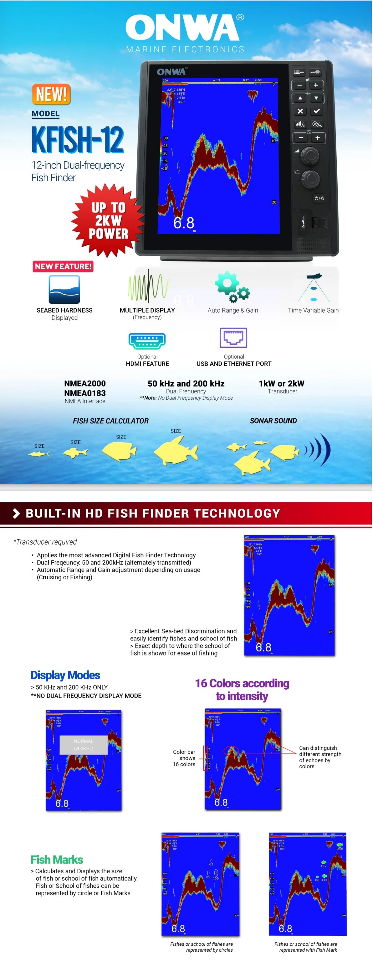 12-inch Fish Finder with 2KW Power Transducer - Ultimate Precision