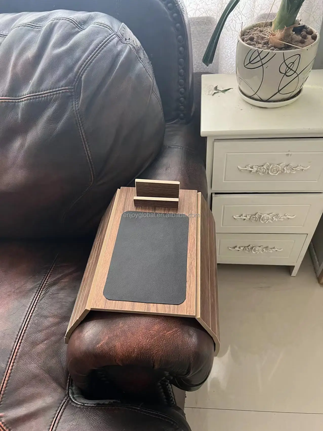 Wooden Bamboo Coffee Armrest Shelf Sofa Arm Rest Table Trays Square For ...