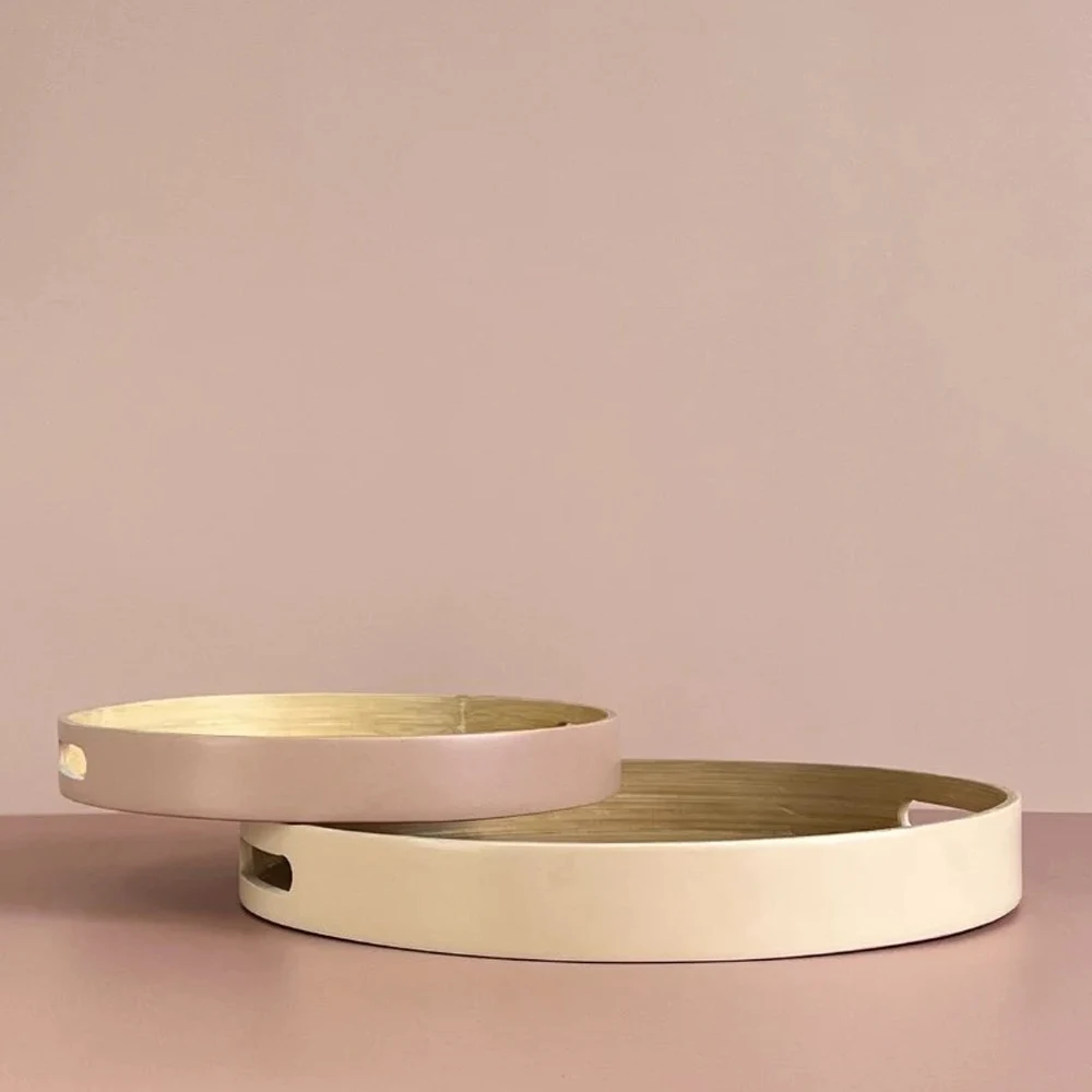 Set of 2 Round Spun Bamboo Tray Pastel Color Handicraft Decorative ...