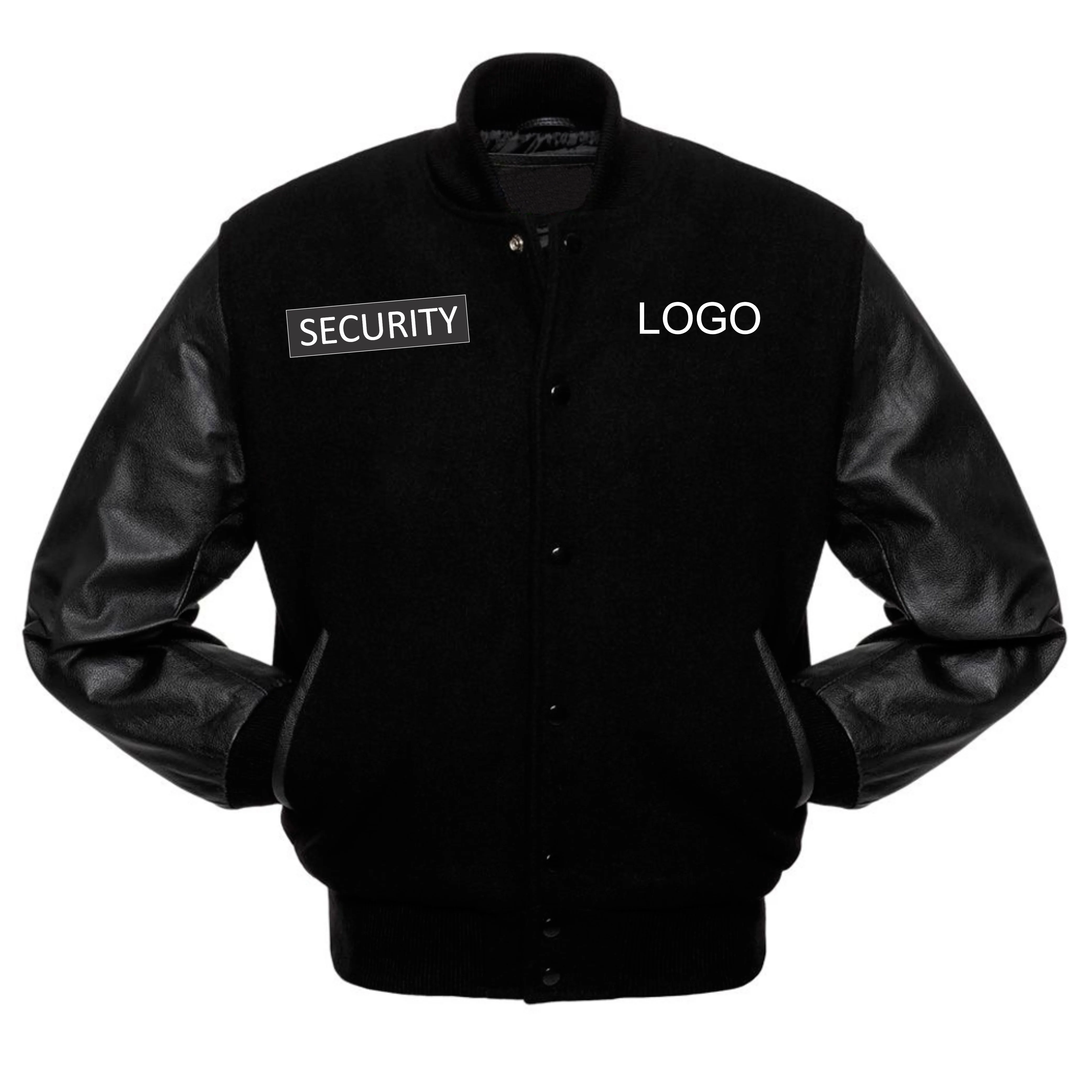 Men Varsity Jacket In Black Wool And Black Leather Sleeves Security ...