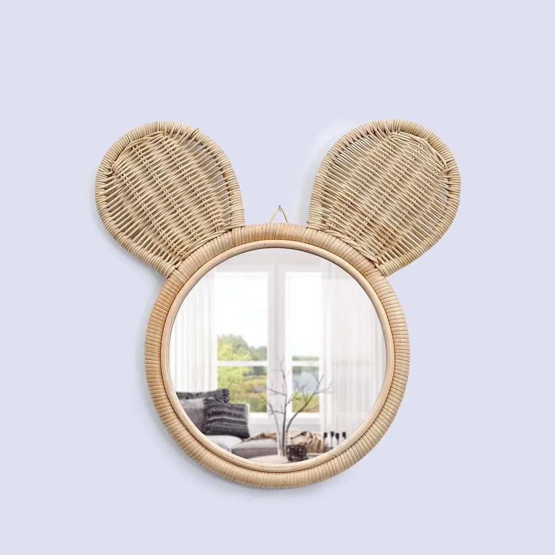Handcrafted Rattan Mirror with Mouse Ears - Perfect for Kids