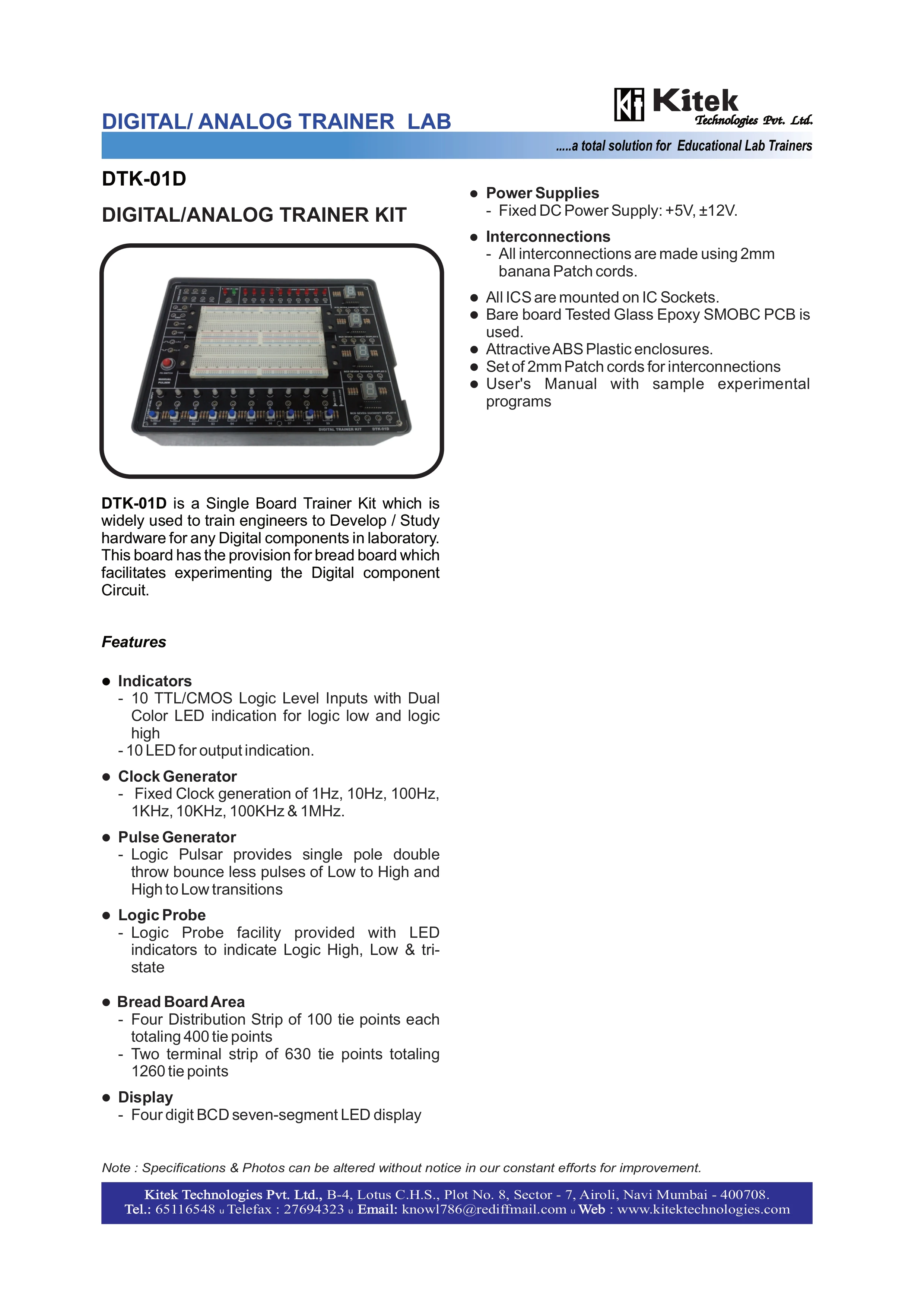 Kitek Digital Trainer Board Kit - Basic Electronics Trainer
