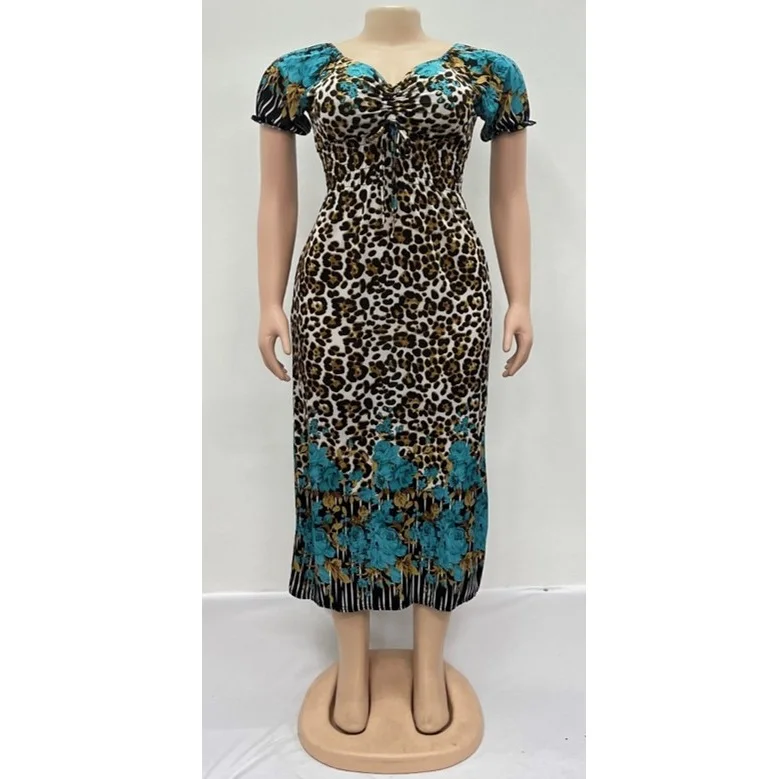 Floral Leopard Prints Dress Vacation A-line Silhouette Short Sleeve ...