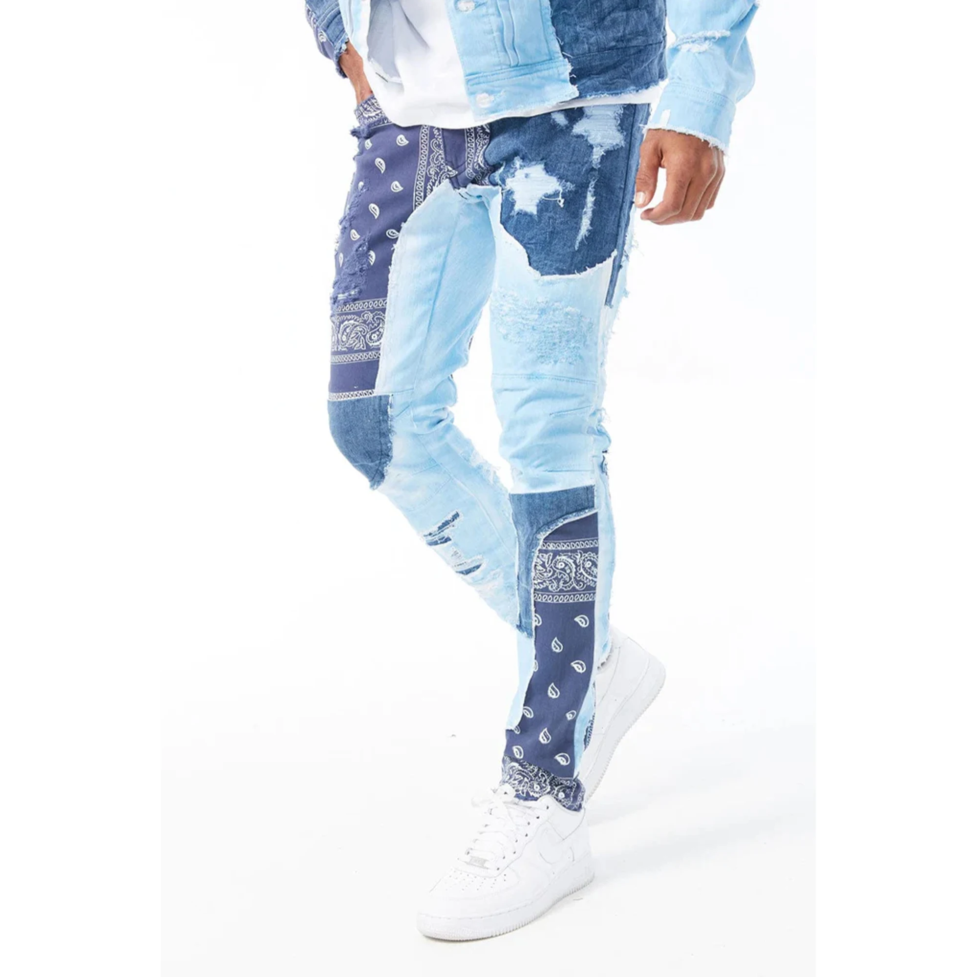 Mingwei Washed Blue Jeans Sets Denim Trucker Jacket Patch Distressed Two Piece Denim Sets Men ...