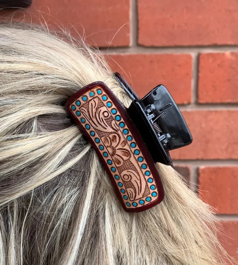 Western Tooled Leather Hair Clip Western Cowgirl Hair Claw Clip Cowhide ...