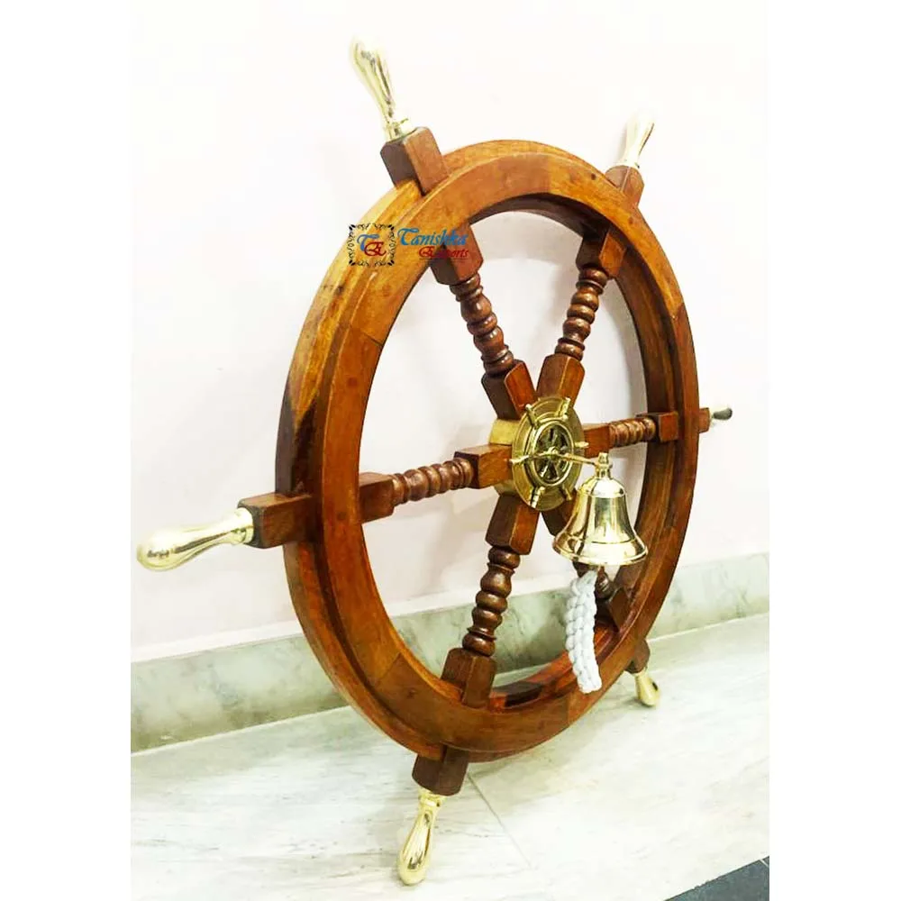 Brass Nautical Marine Bell Design Ship Wheel Wooden Ship Steering ...