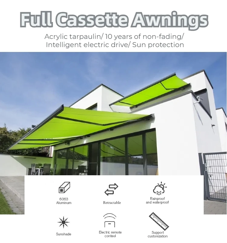 Motorized Folding Arm Awning - Full Cassette & Remote Control