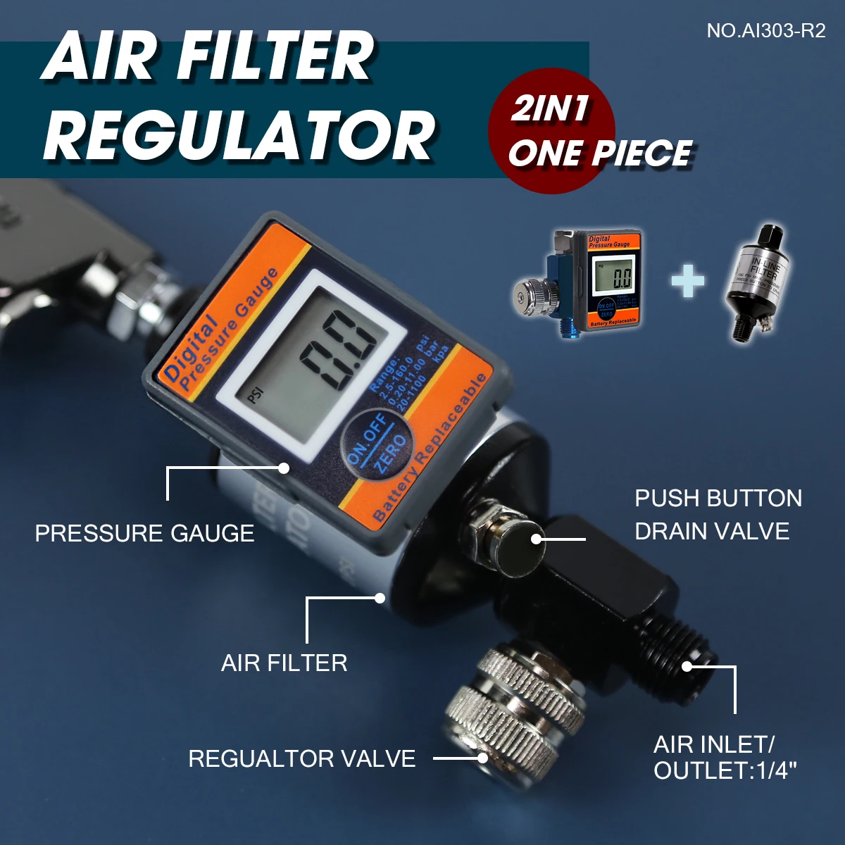 Mini Aluminium Air Filter Regulator with Digital Display for Paint ...