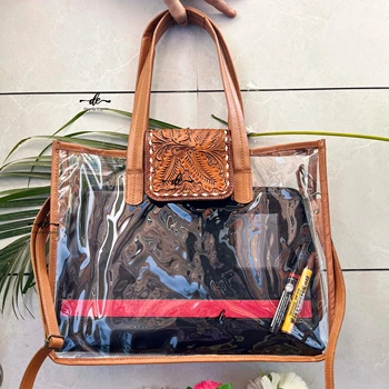 Hand Tooled Carving Leather Tote Transparent Clear Bag Stylish Purse ...