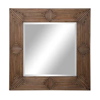 Wooden Square Shape Mirror Wall Mounted Modern Make Up Mirror Decor For ...