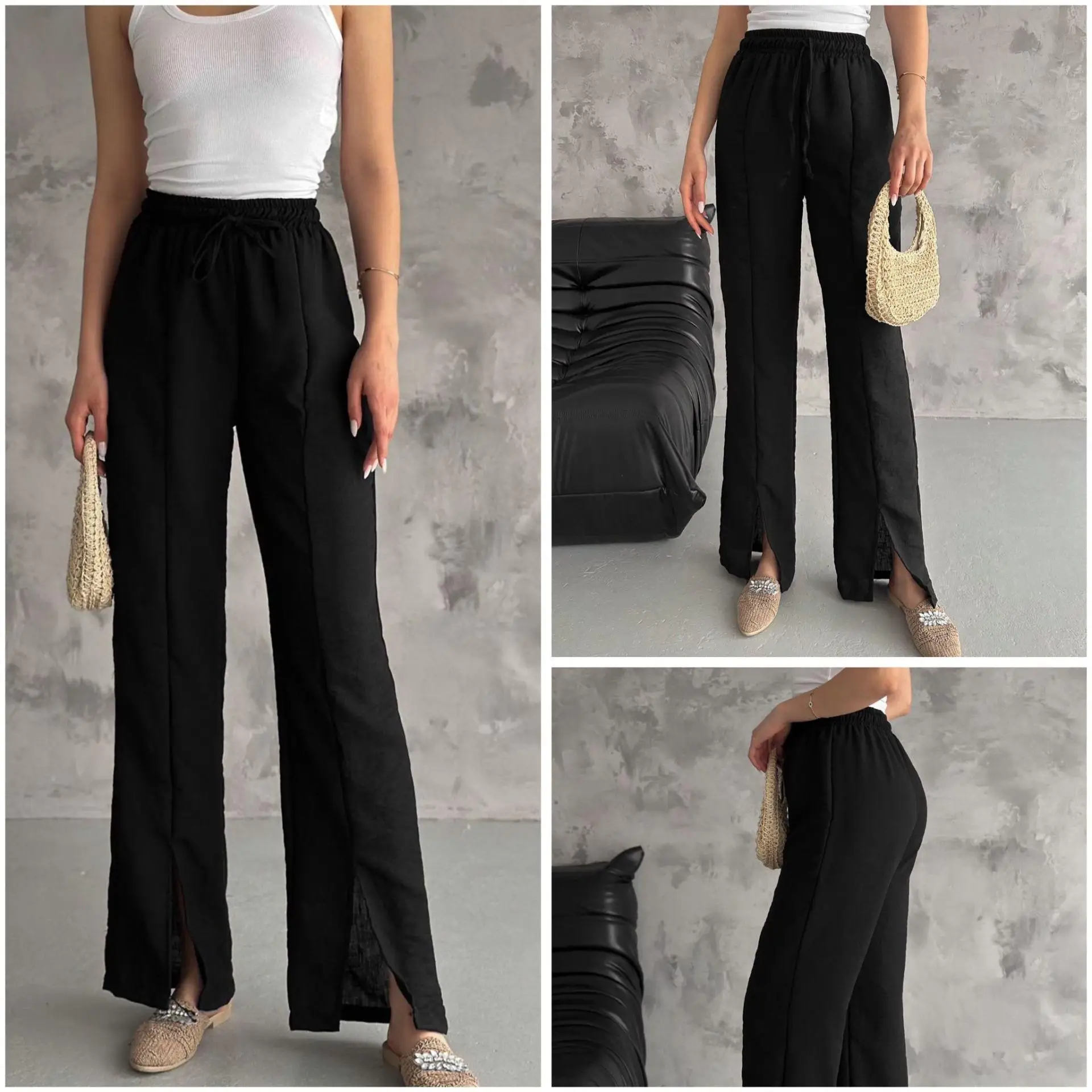 Women's Linen Fabric Trousers with Slit Detail on the Leg| Alibaba.com