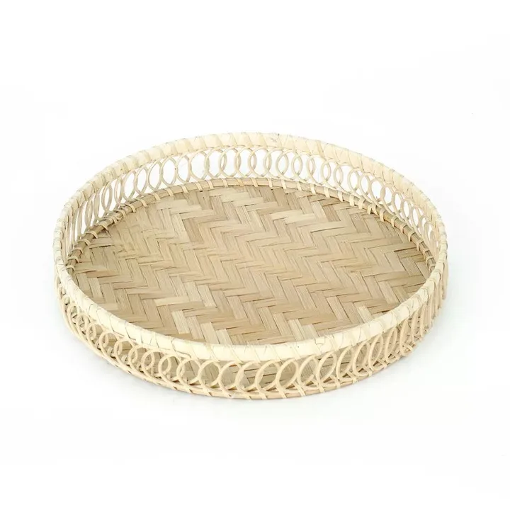 Kitchen Furniture Vintage Style Natural Bamboo Serving Tray Round Tray ...