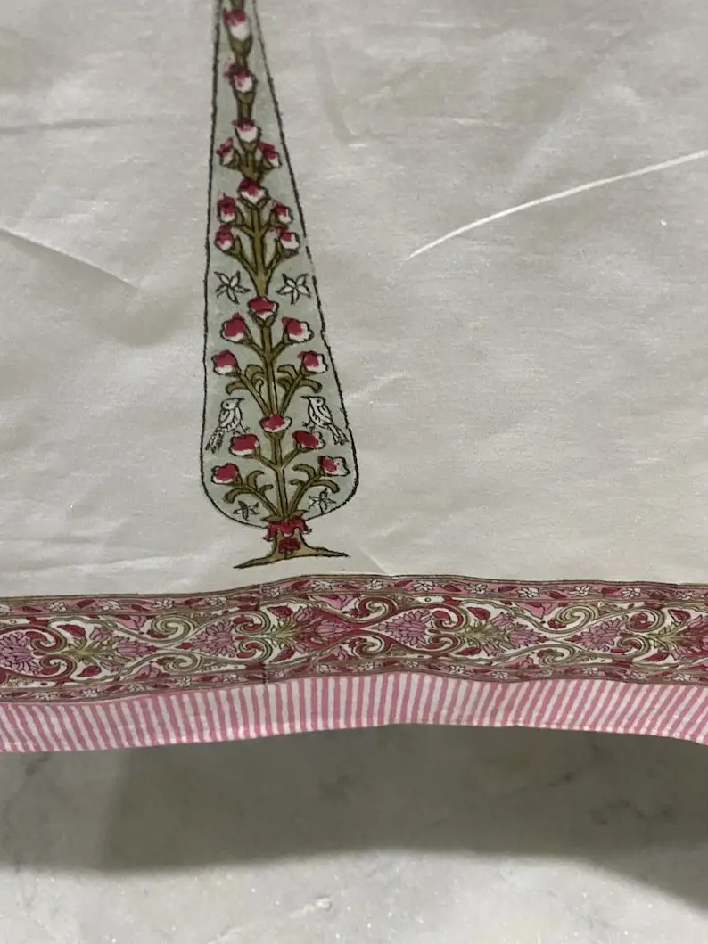 Rose Pink And White Floral Indian Hand Block Printed Tablecloth With ...