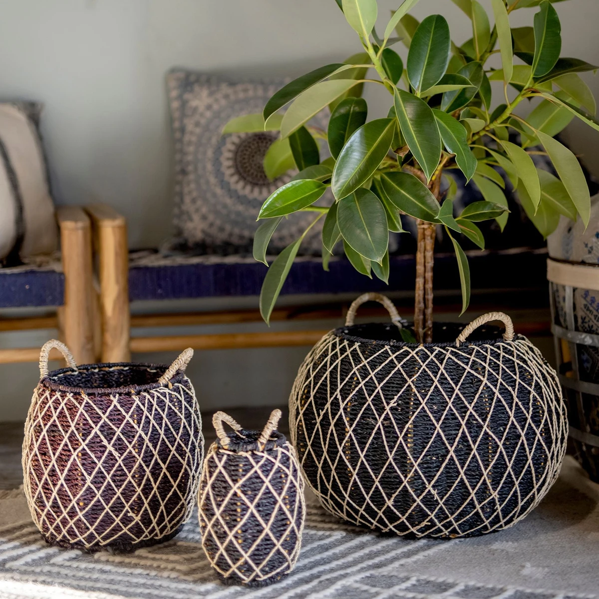 Set Of 3 Seagrass Mix Plastic String Storage Basket Flower Pots Vietnam ...