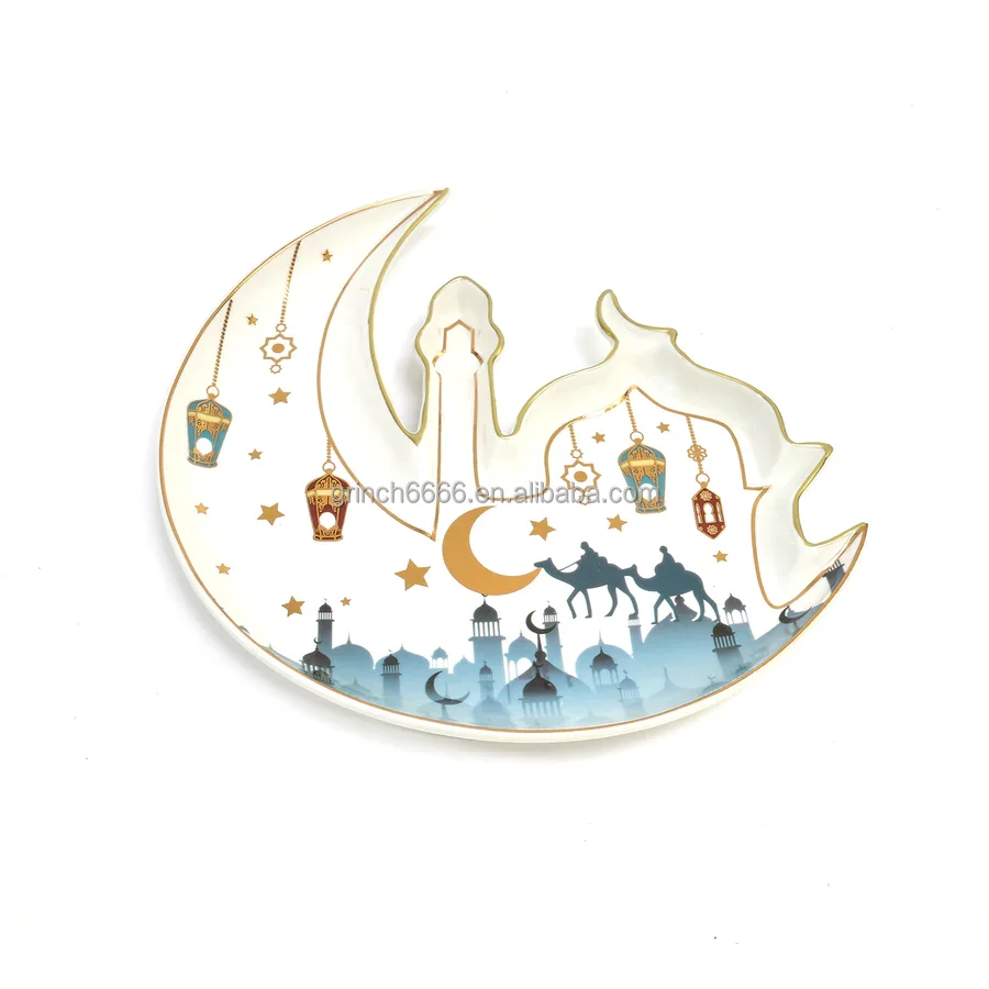 White & Teal Moon & Mosque Shaped Ceramic Serving Plate Porcelain ...