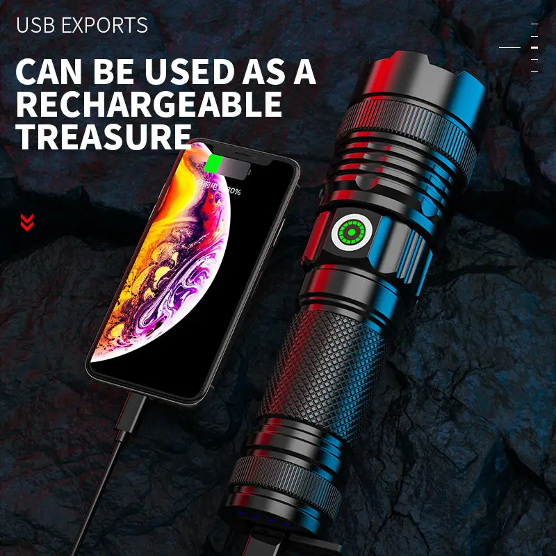 Long Range Metal Flashlight High Lumens 1000 USB-C Zoom Linterna Torch ...