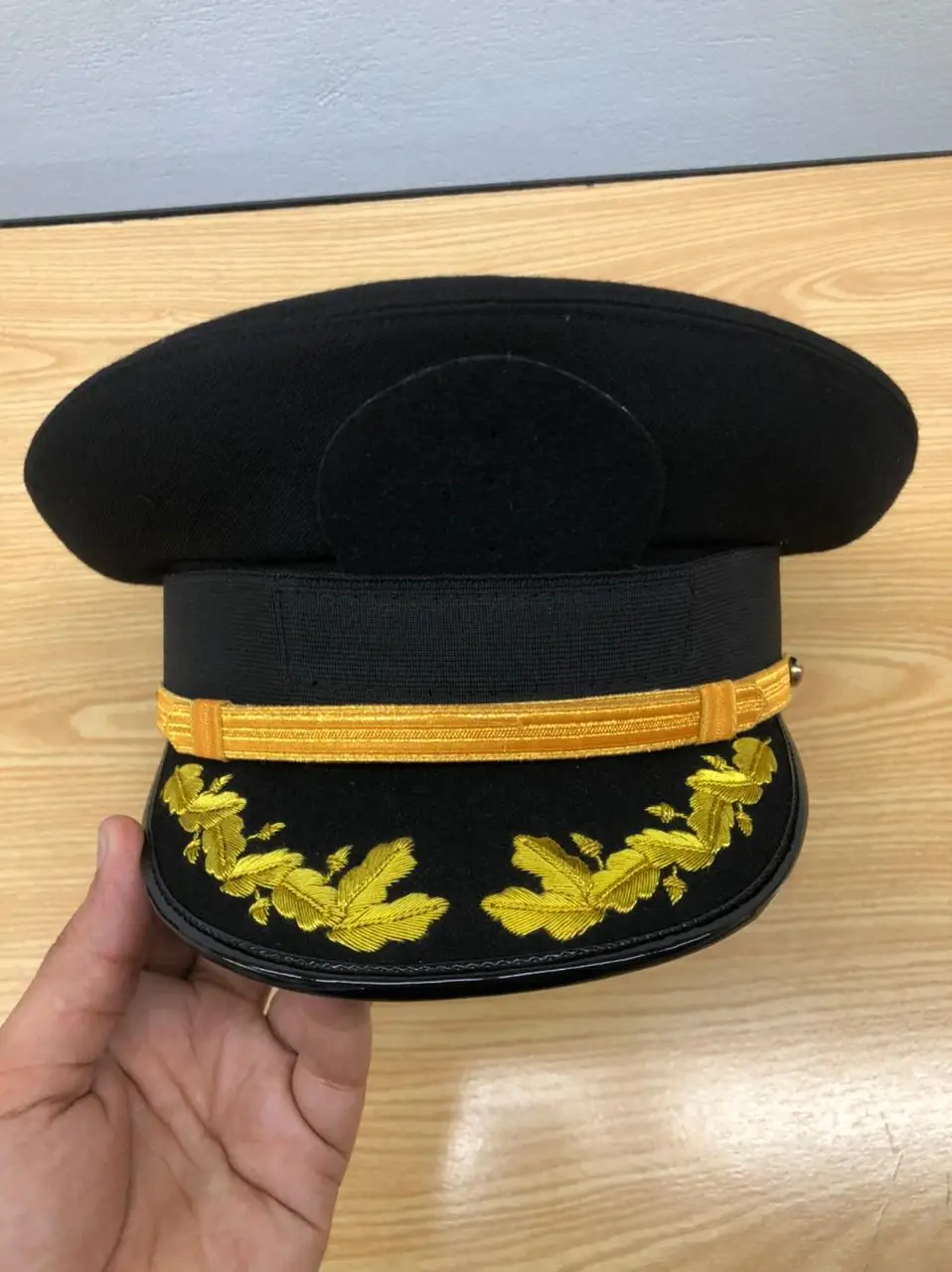 Custom Embroidered Logo Black Officer Peaked Crown Cap Captain Officer ...