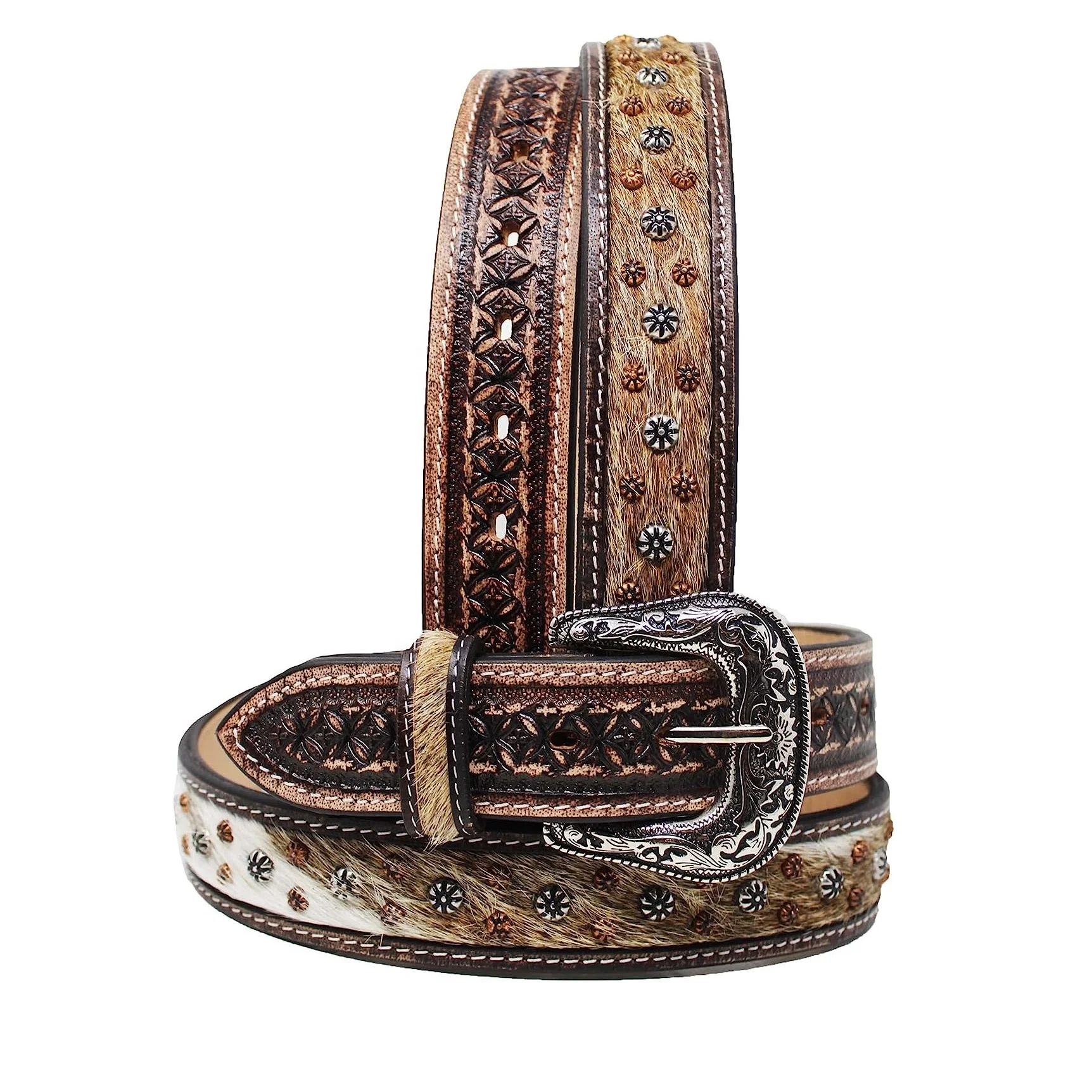Cowhide Hair On Leather Cowboy & Cowgirl Belt With Hand Tooling & Stud ...