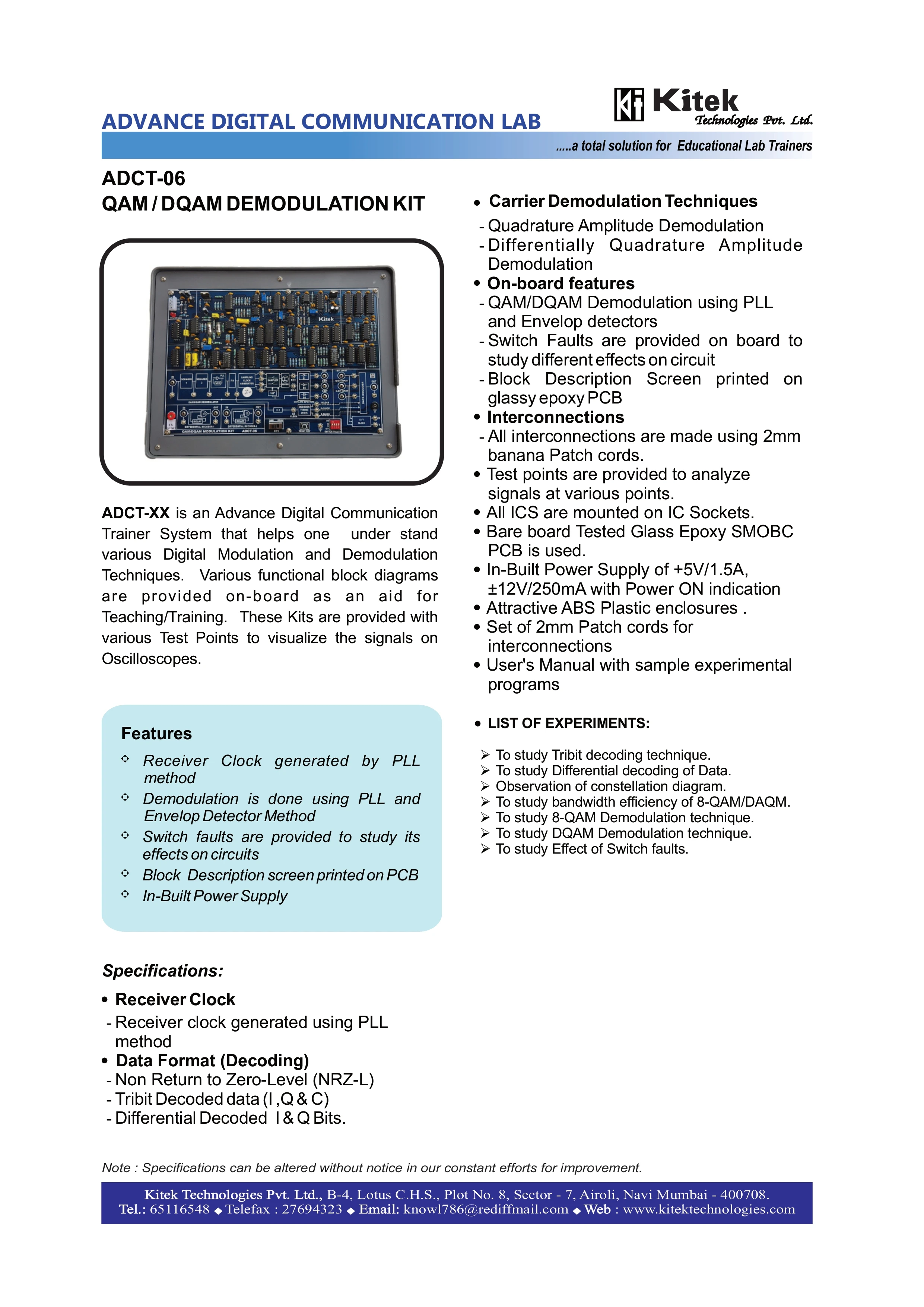 QAM/DQAM Demodulation Communication Trainer Kit - Kitek ADCT-06