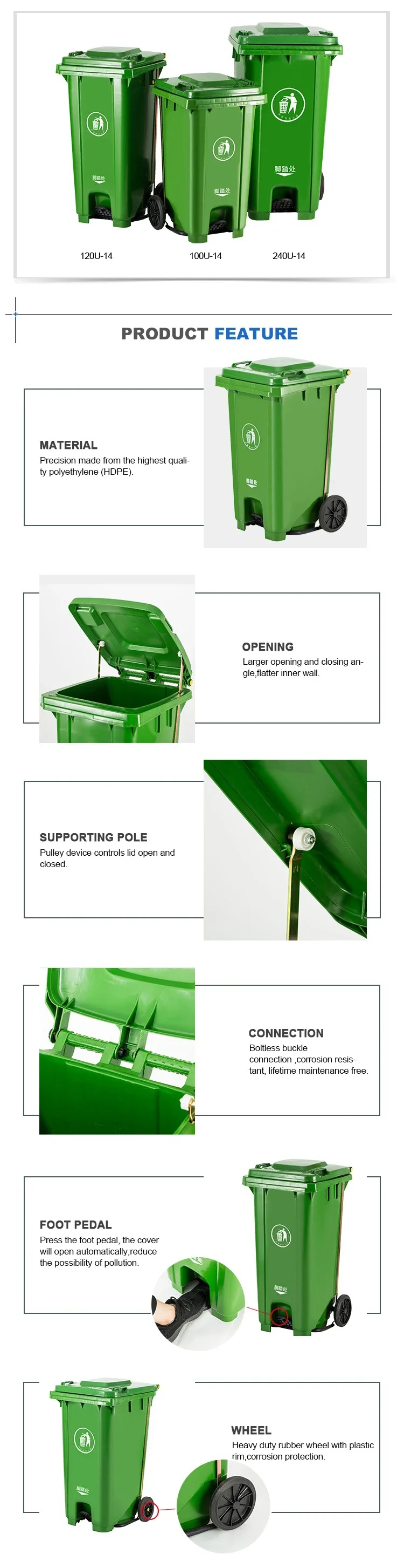 HDPE Heavy Duty 120L Eco-Friendly Plastic Dustbin for Sale