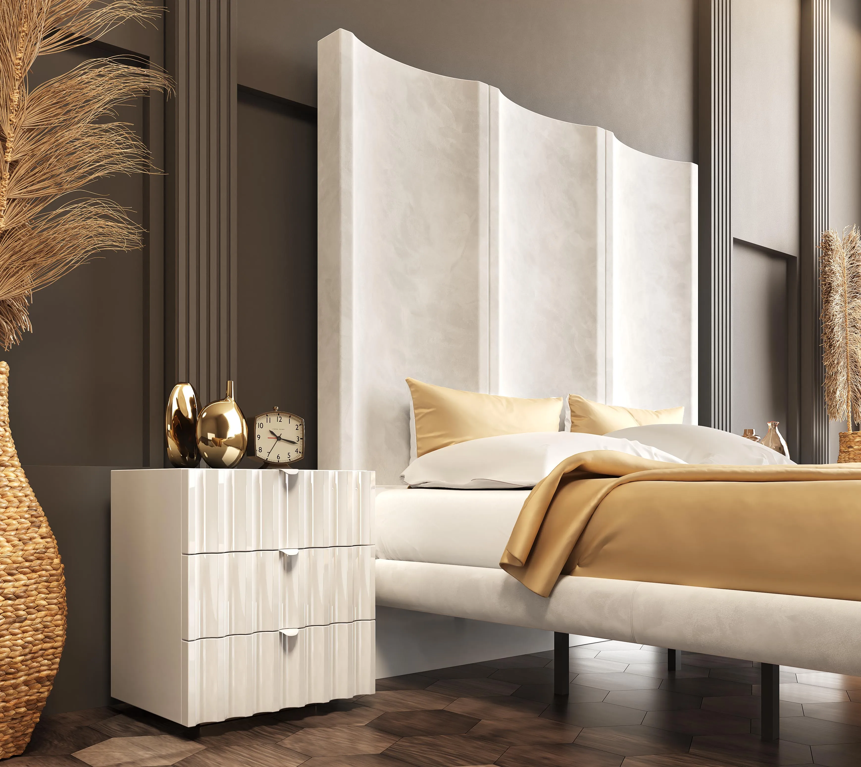 Orion Luxury Wood Upholstery Bedroom Set with Lacquered Headboard ...