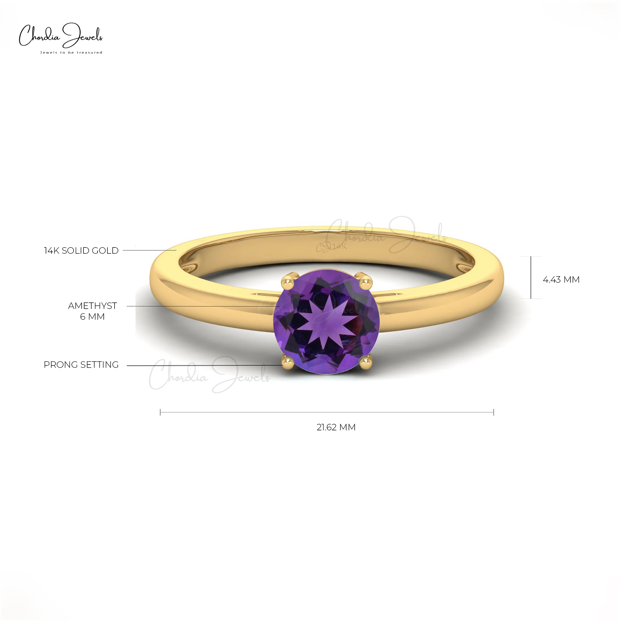 Customized 14k Real Gold Amethyst Solitaire Ring 0.74 Carat Round Single Stone Ring For Women ...