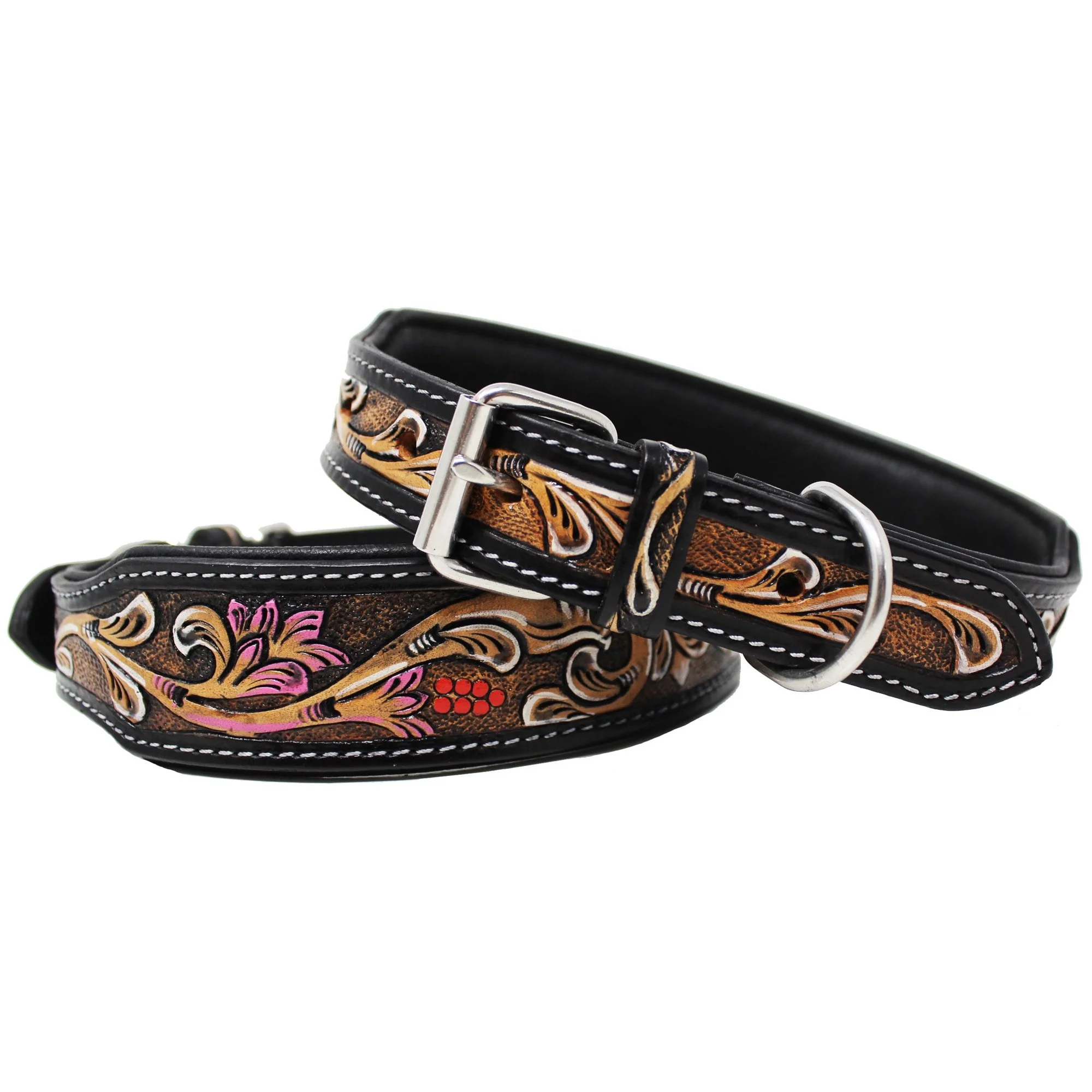 Western Style Hand Tooling & Carving Design Cow Leather Dog Collar With ...