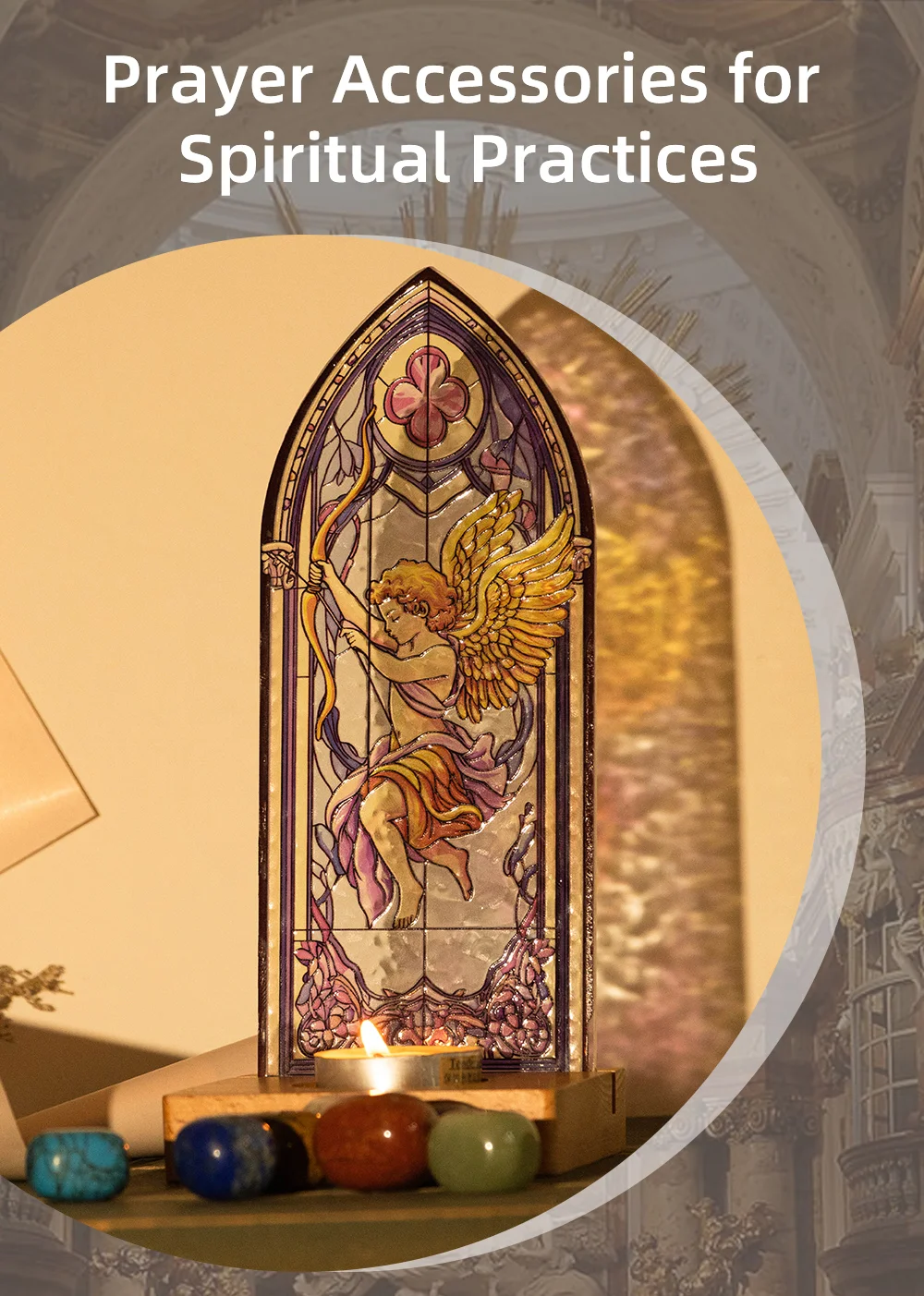 Wooden Base Spiritual Healing Candle Holder with Stained Glass Angel ...