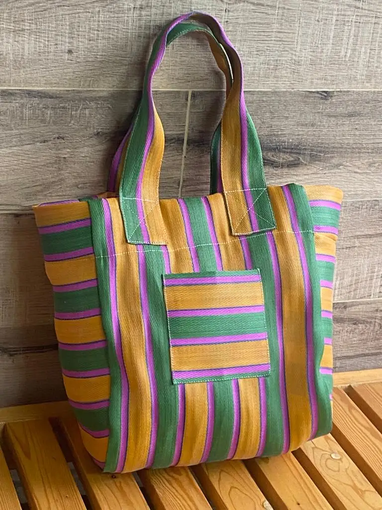 Eco Friendly Recycled Plastic Stripe Bags Nylon Shoulder Tote Bag For ...
