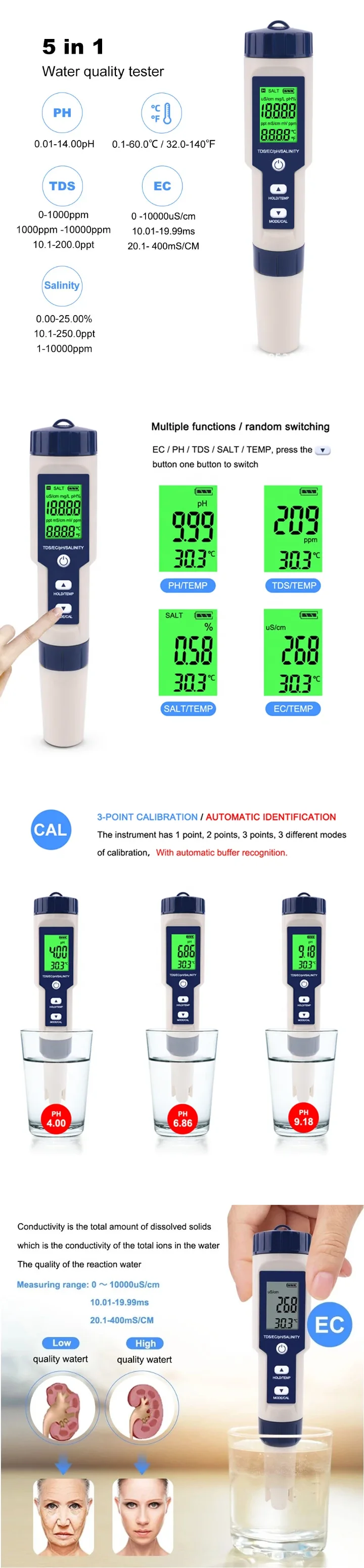 EZ9909 5 in 1 Digital Tds/ec/ph/salinity/temperature Meter