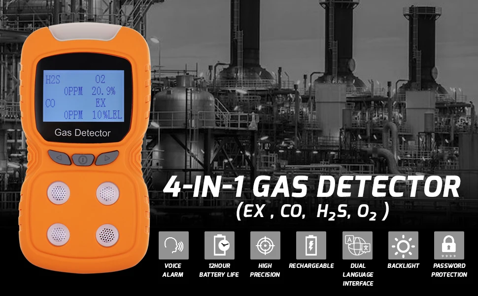 Portable 4-in-1 Multi Gas Leak Detector Monitor H2S O2 CO Ex (LEL) IP65 Rechargeable Gas ...