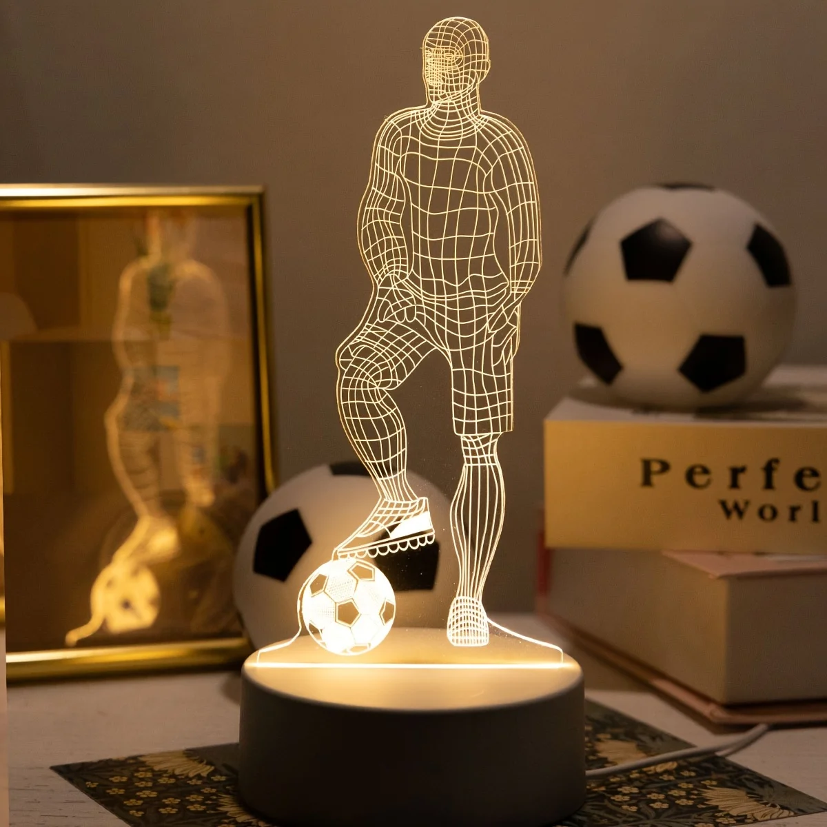 Football Player Shape Soccer Table Lamp with 3D Acrylic Plate USB ...