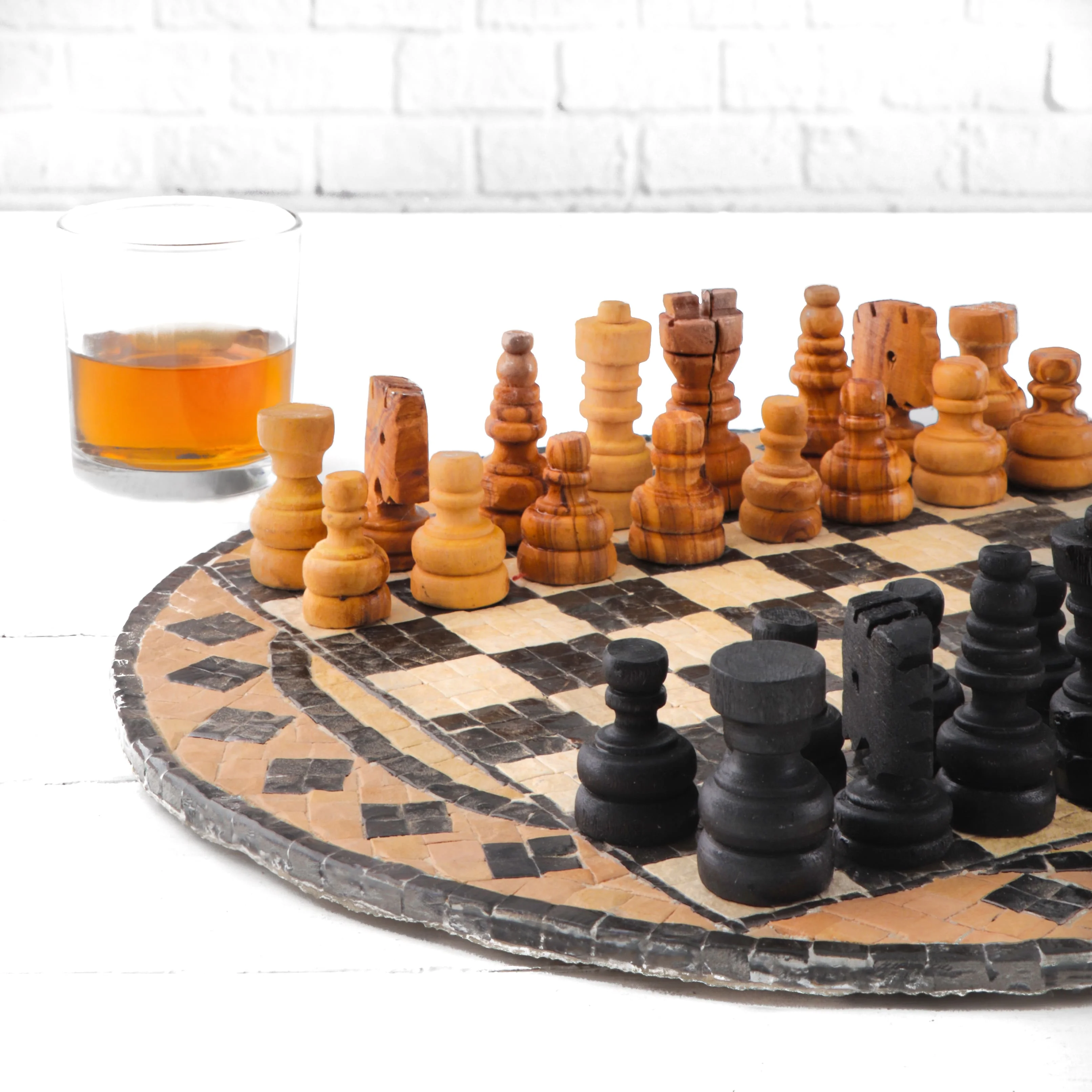 Round Chess Board With Wood Chess Pieces / Marble Chess / Handmade ...