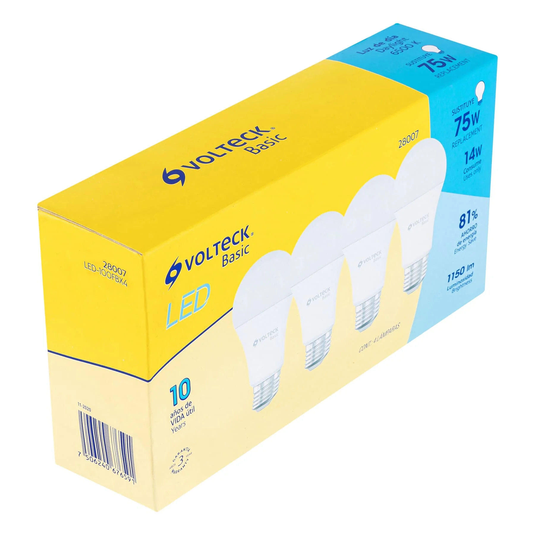 Volteck LED-100FBX4 Pack 4 A19 14W Daylight (75W Equivalent) Cool White ...