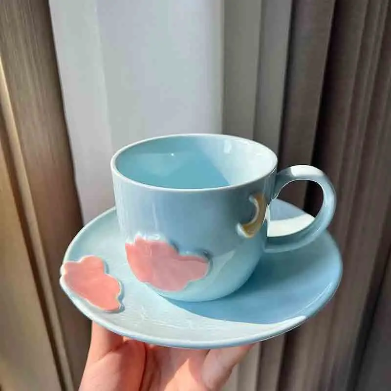 Embossed Blue Sky Clouds Girly Ceramic Mug Super Cute Star Porcelain ...