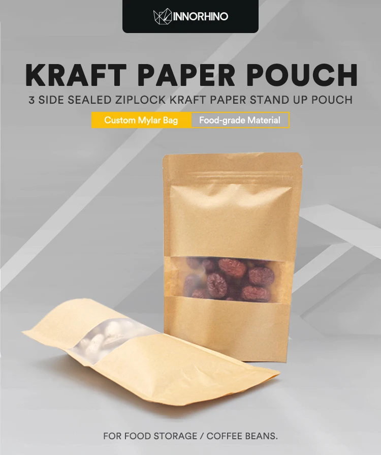 Eco Friendly Biodegradable Kraft Paper Ziplock Stand up Pouch Mylar Bags for Food Storage Candy ...