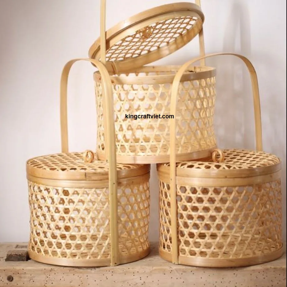 Bamboo Wicker Gift Baskets Round Woven Bamboo Package Box For Party ...