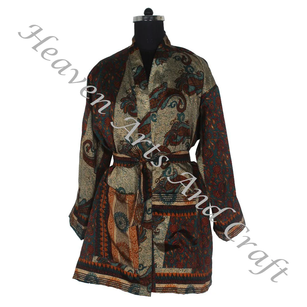 Ks012 Bohemian Summer Vintage Sari Kimono Short Wrap Dress Sleeve Silk ...