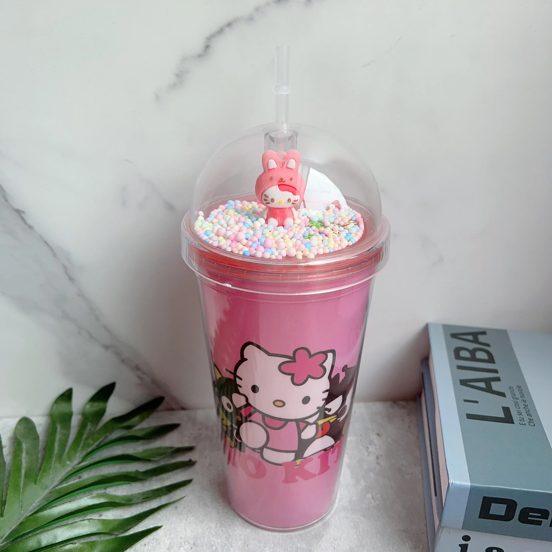 Hello KT Cartoon Cute Kids Plastic Water Cup with Straw Ice Cream Cups ...