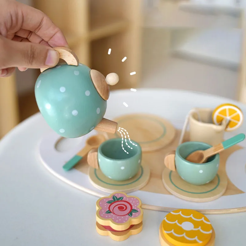 Preschool Wooden Kids Pretend Play Toys Tableware Play Set Afternoon ...