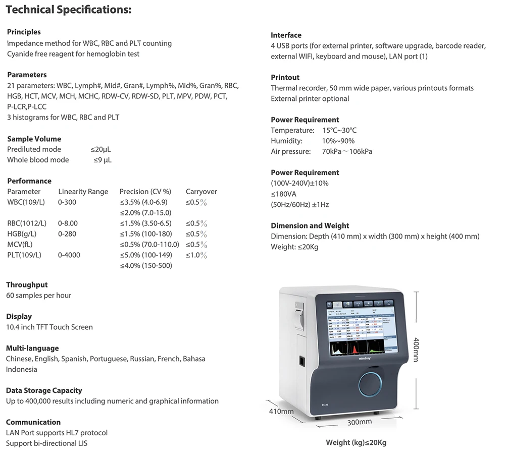 2023 Mindray BC-30 Hematology Analyzer - 3 Part Blood Analysis
